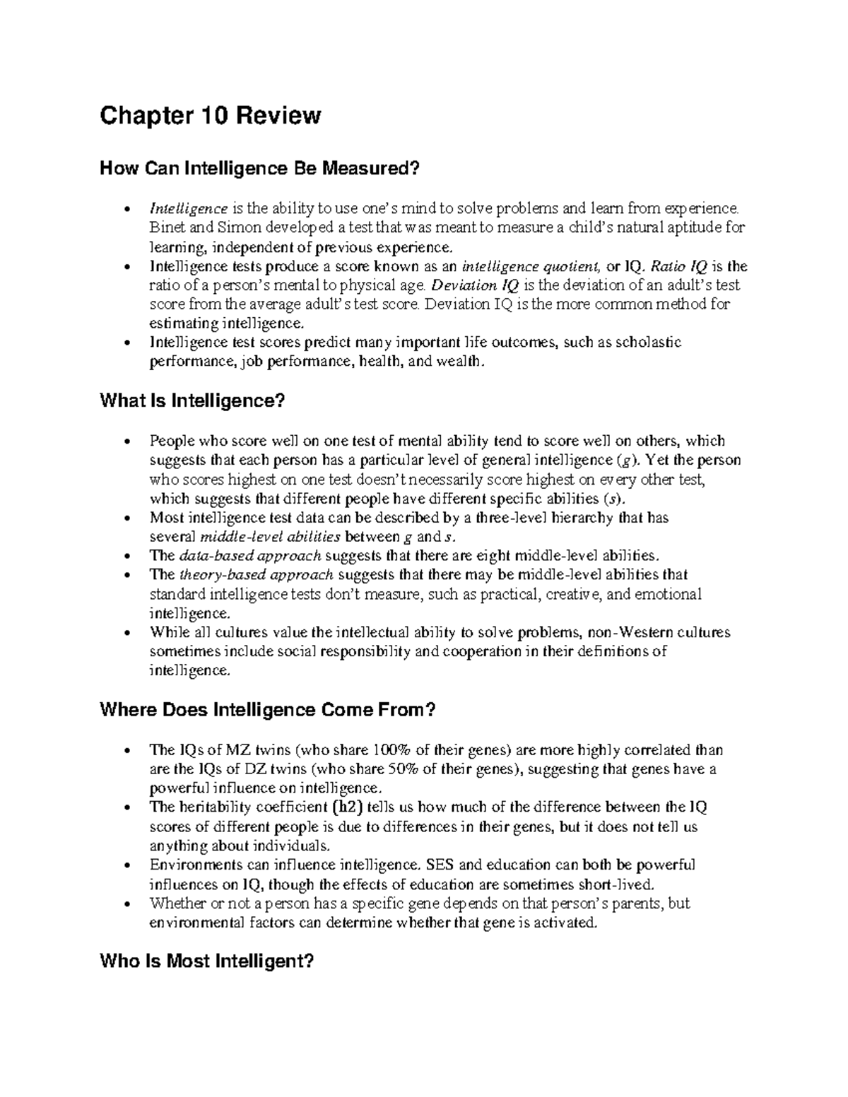 Chapter 10 Review - Chapter 10 Review How Can Intelligence Be Measured ...