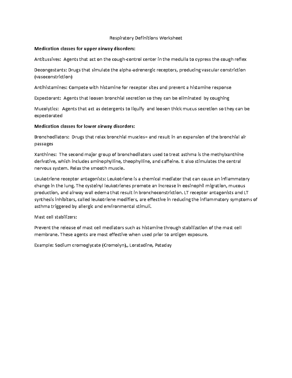 asdasdasdasdsad - Respiratory Definitions Worksheet Medication classes ...