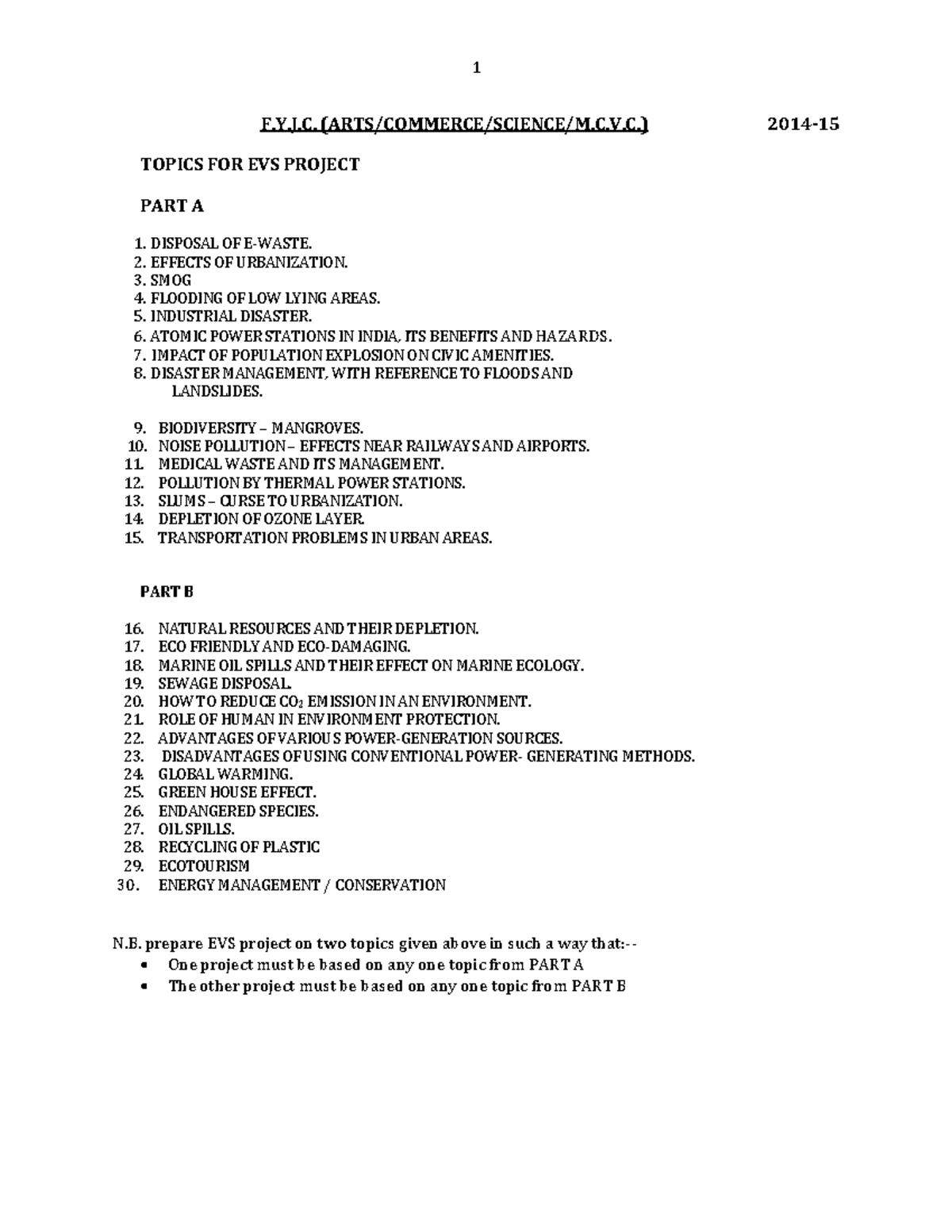 EVS 2 - PROJECT - 1 F.Y.J. (ARTS/COMMERCE/SCIENCE/M.C.V.) 2014- TOPICS ...