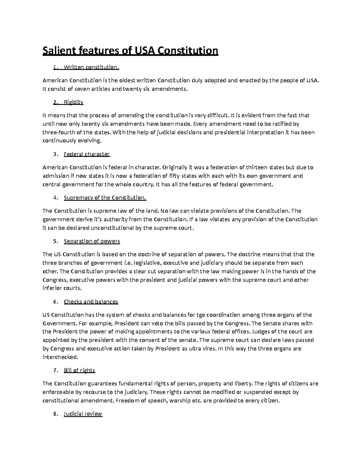 Notes Salient Features Of USA Constitution Written Constitution 