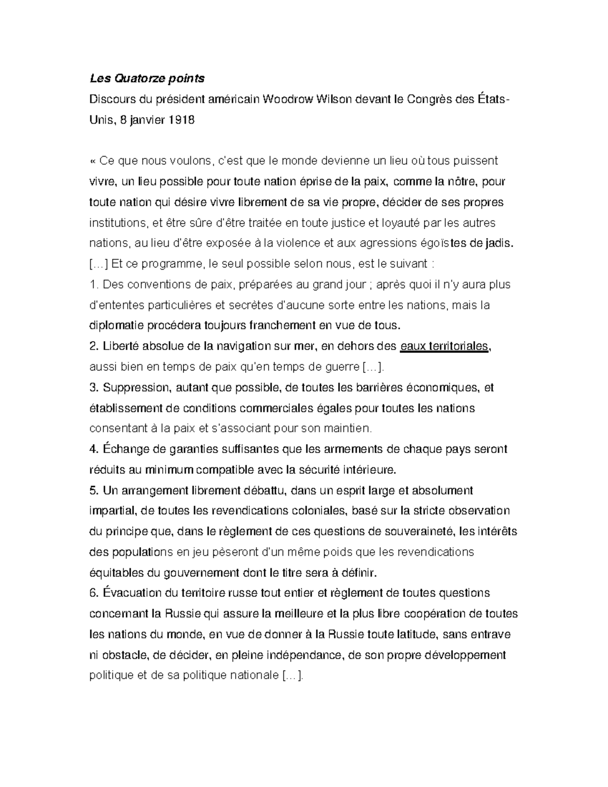 14 Points Woodrow Wilson - Les Quatorze points Discours du président ...