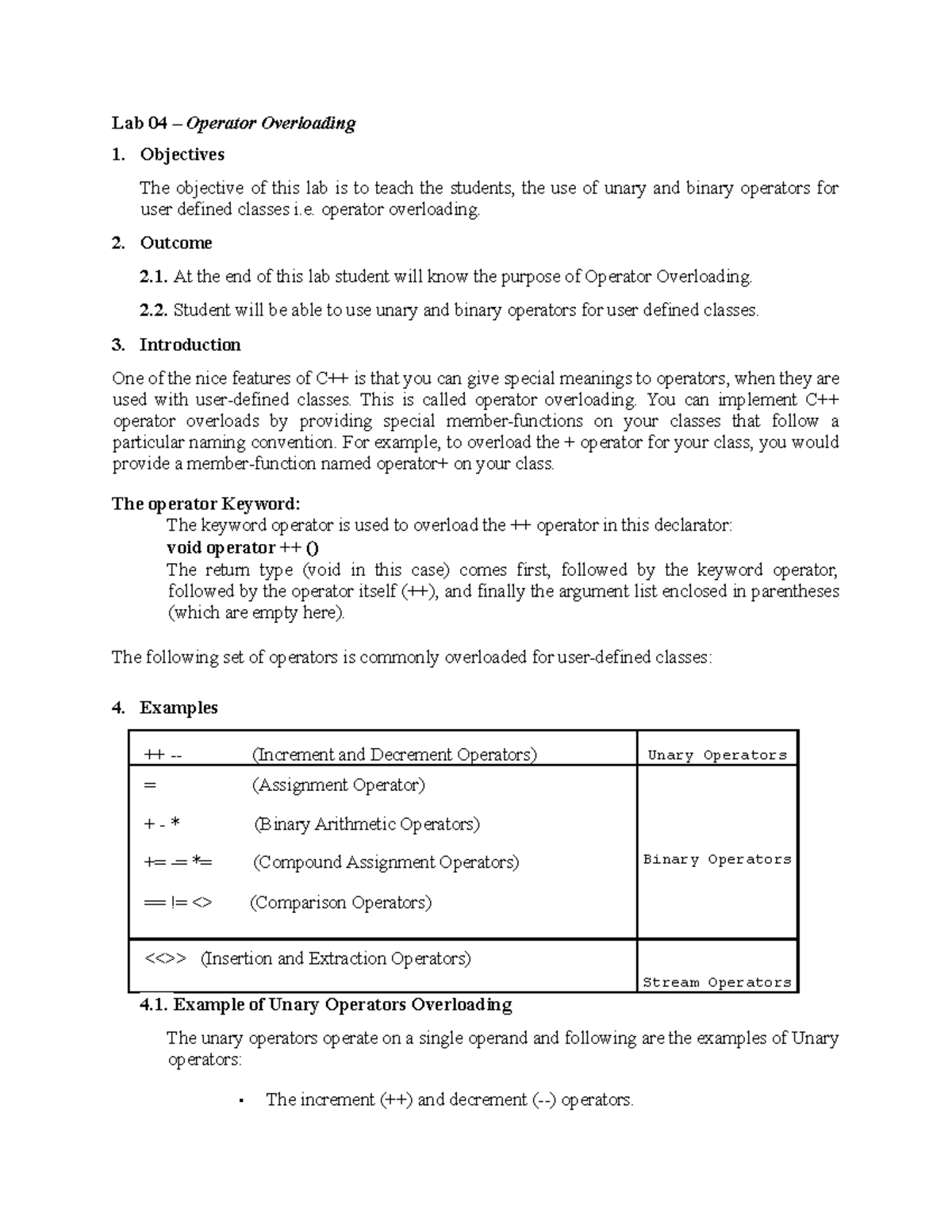 Lab 04 - nil - Lab 04 – Operator Overloading 1. Objectives The ...