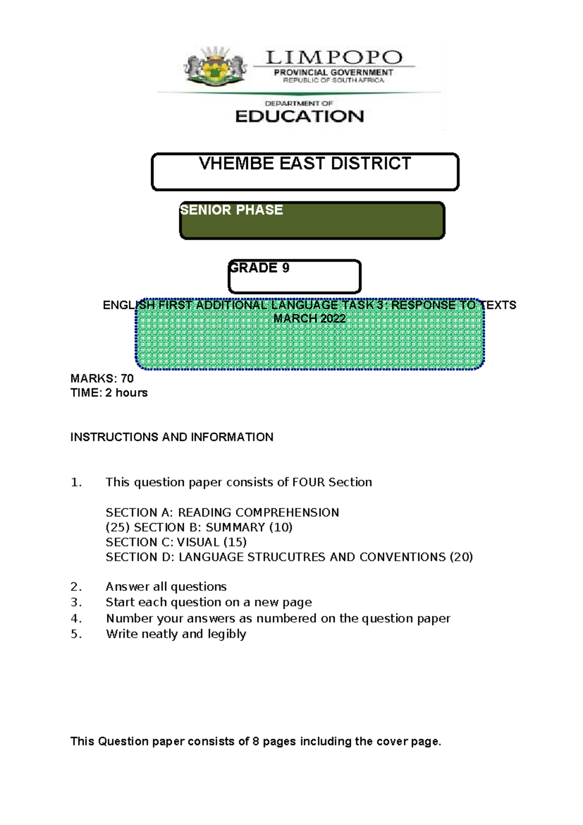 Grade 9 task 3 Test - VHEMBE EAST DISTRICT SENIOR PHASE GRADE 9 ENGLISH ...