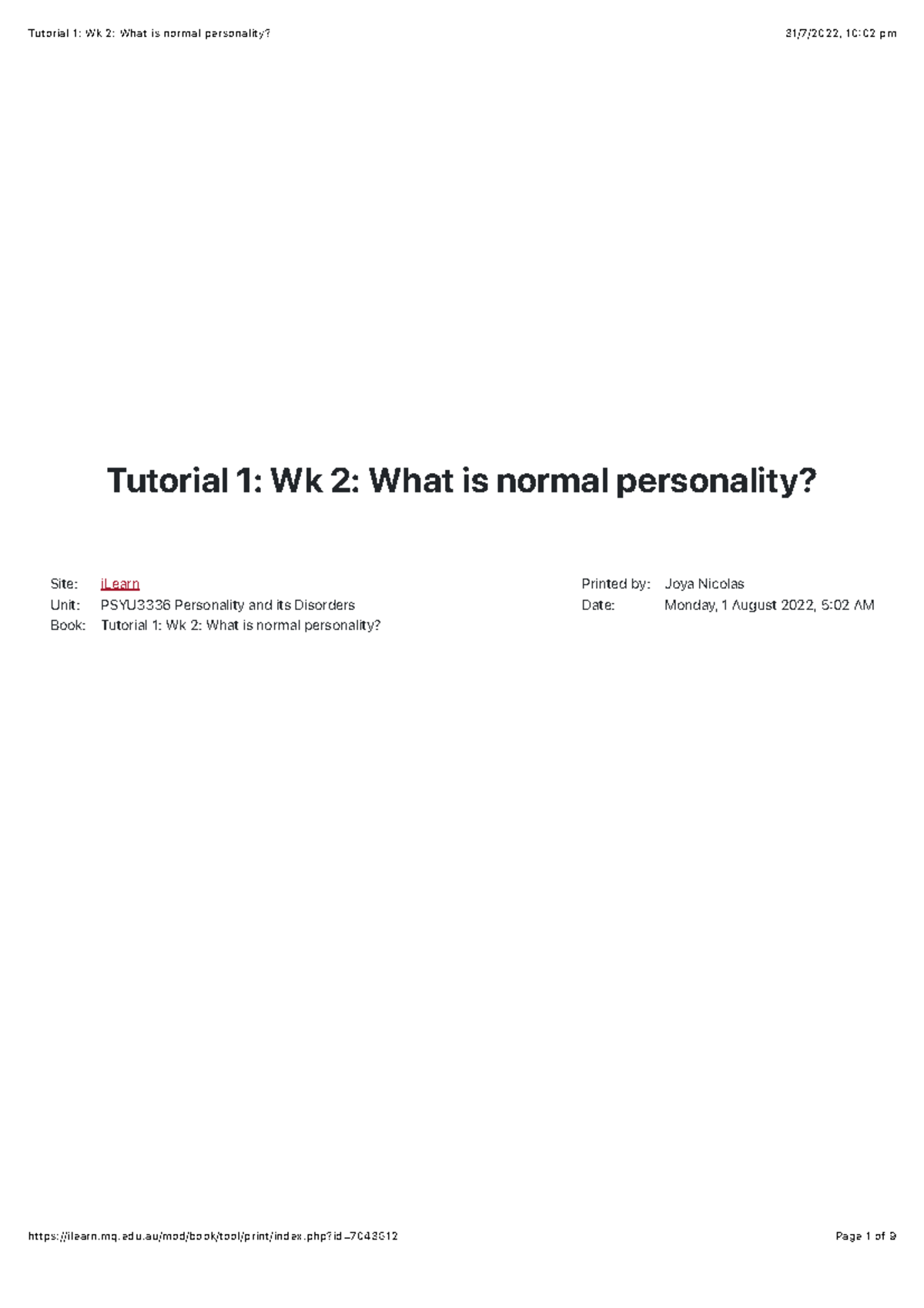 Tutorial 1- Wk 2- What is normal personality - Tutorial 1: Wk 2: What ...