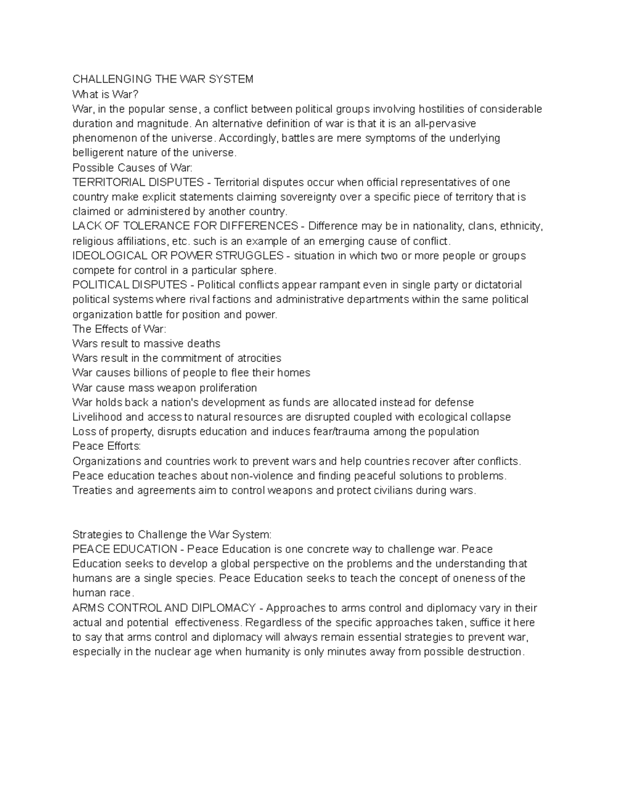 Untitled document - CHALLENGING THE WAR SYSTEM What is War? War, in the ...
