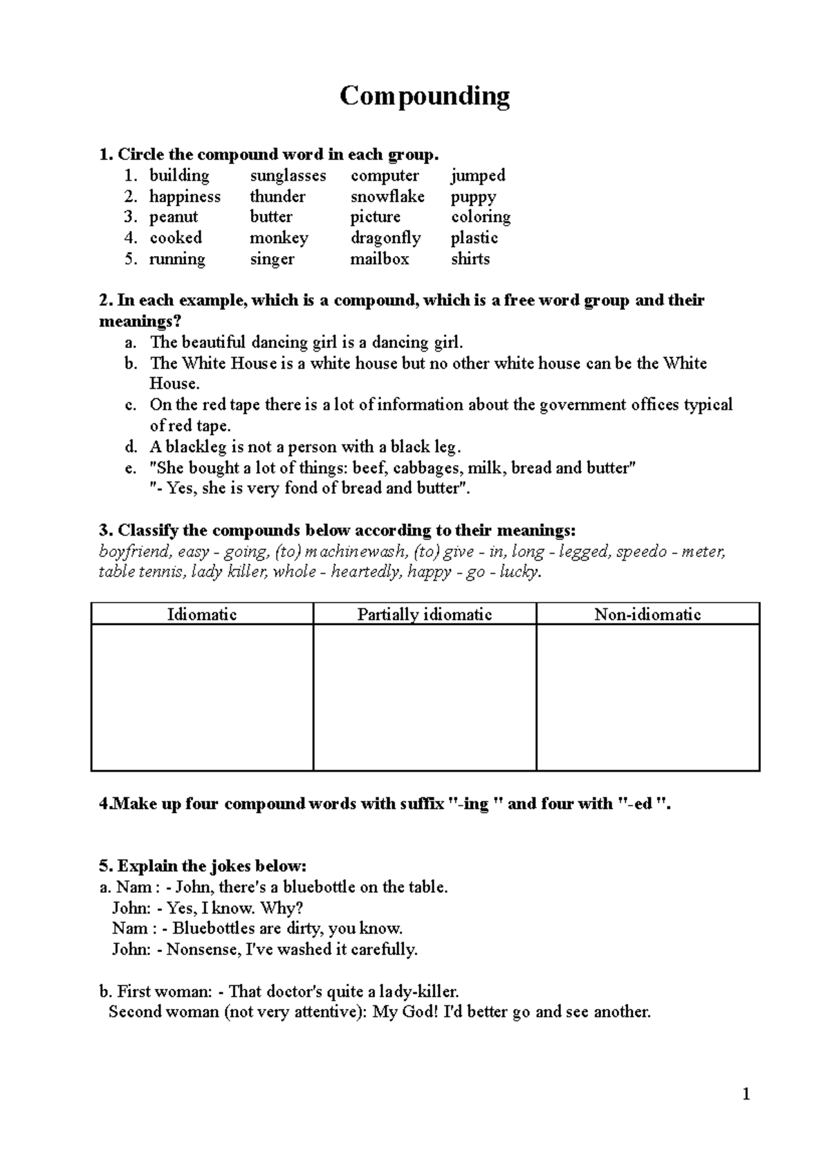 Week 4 Compounding handout - Compounding Circle the compound word in ...