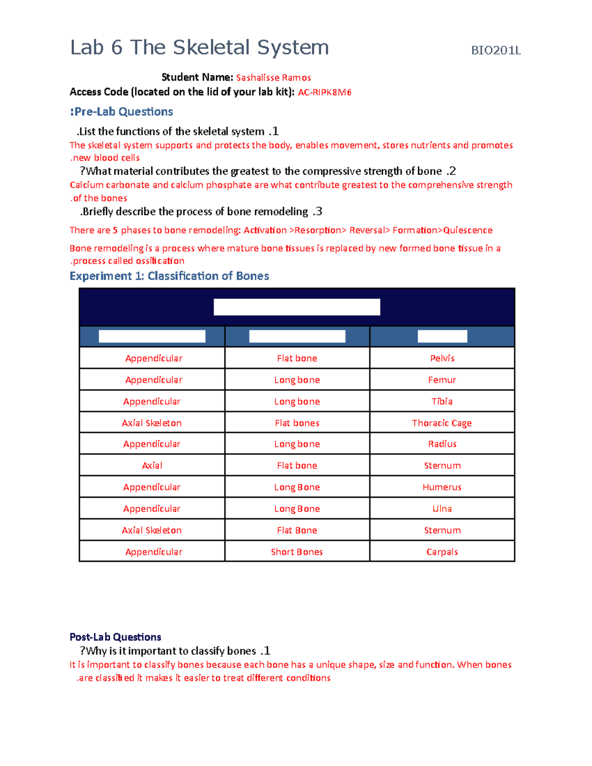 Lab 6 skeletal system- word - Student Name: Sashalisse Ramos Access Code (located on the lid of ...