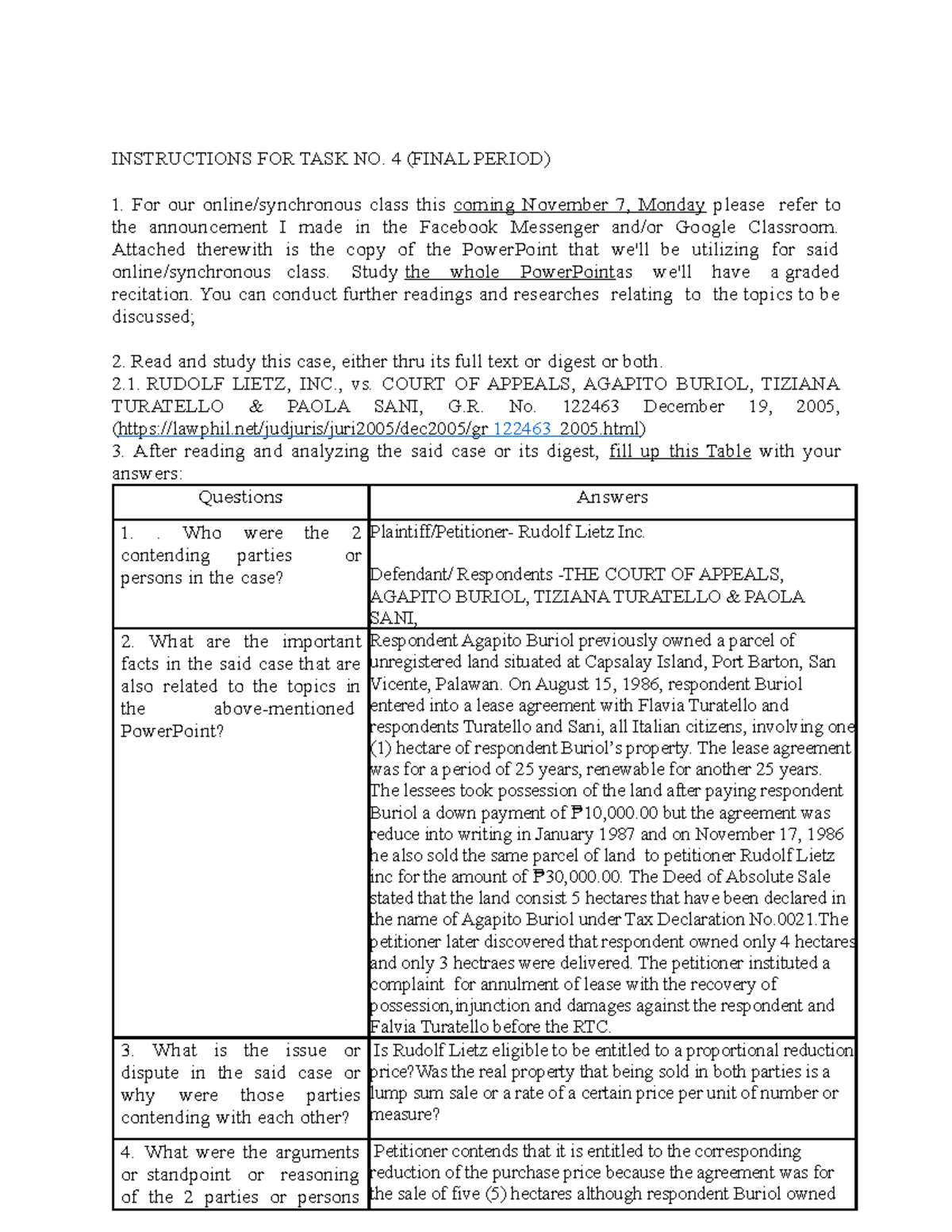 Task law - module - INSTRUCTIONS FOR TASK NO. 4 (FINAL PERIOD) For our online/synchronous class ...