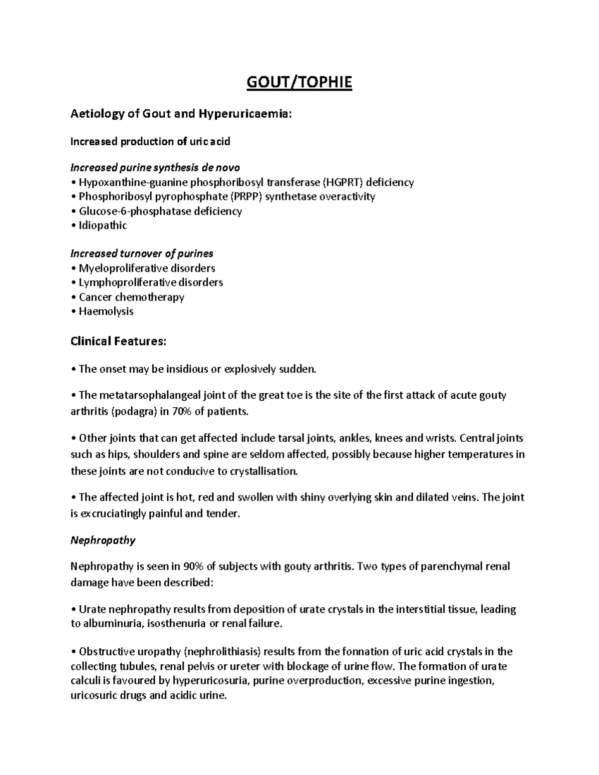 GOUT - Lecture notes 1 - GOUT/TOPHIE Aetiology of Gout and ...