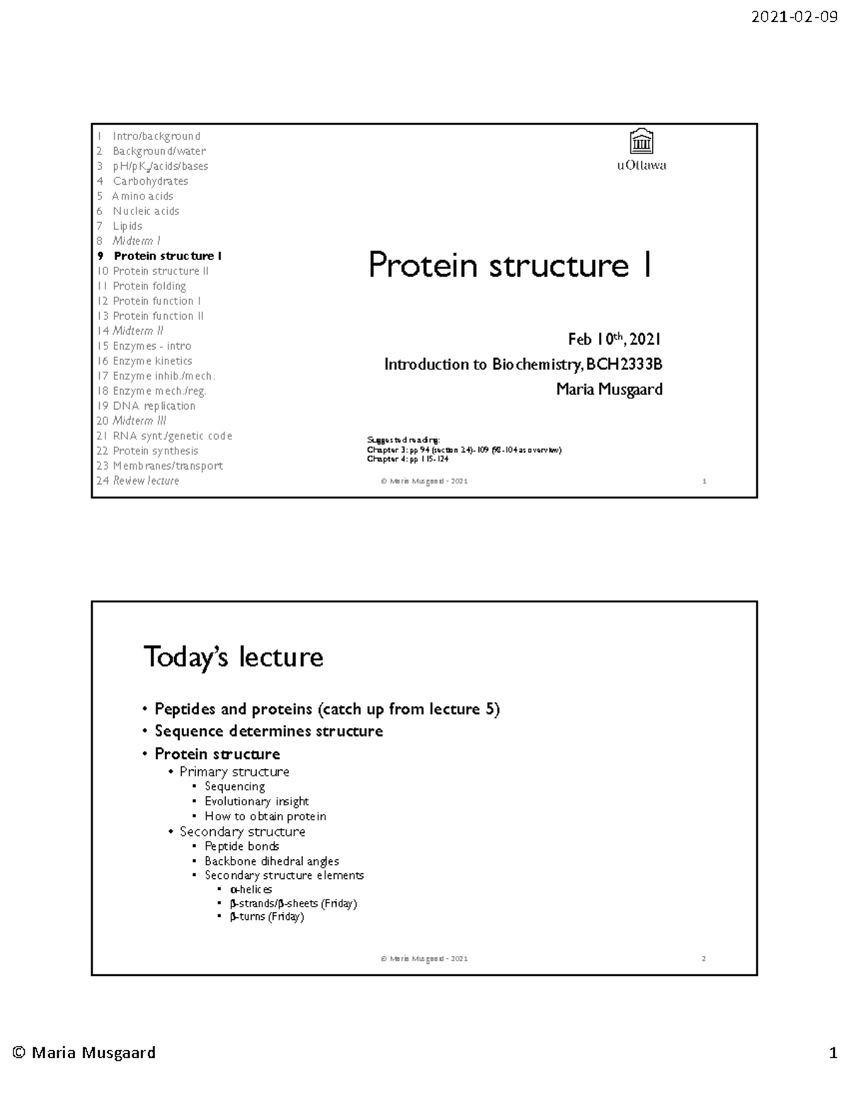 Lecture 9 handouts - Protein structure 1 Suggested reMding: C hMpter 3 ...