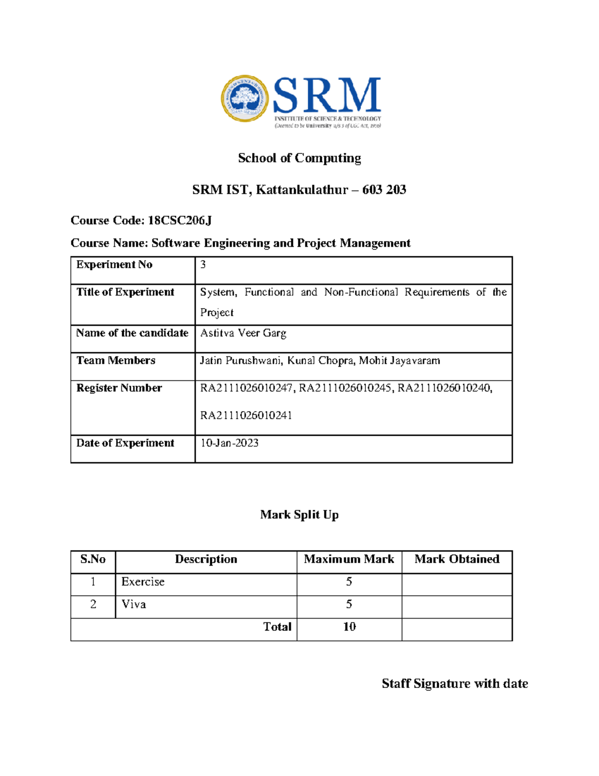 18CSC206J-SEPM Ex-3 - Experiment 3 for Software and Project Management ...