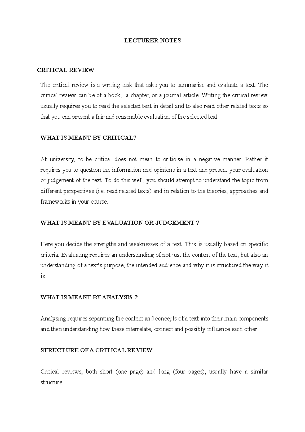 Lecturer Notes Critical Review - LECTURER NOTES CRITICAL REVIEW The ...