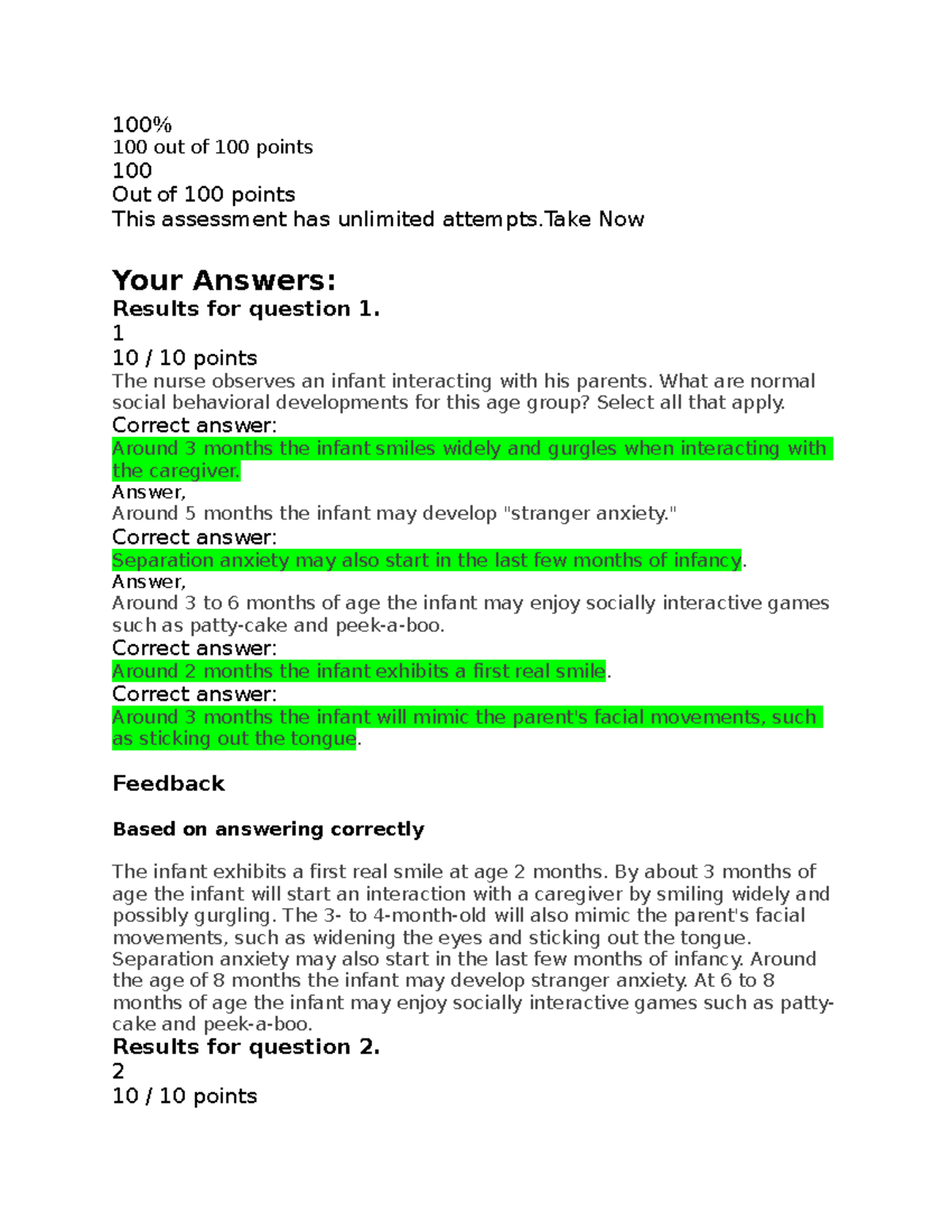 Peds Developmental Quiz - 100% 100 out of 100 points 100 Out of 100 ...