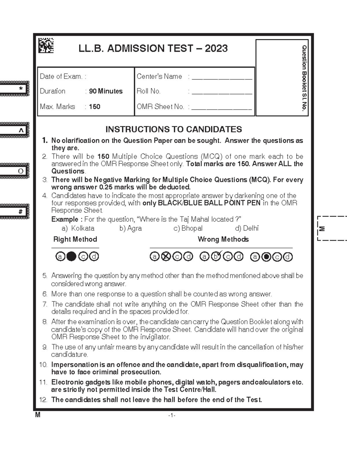 Master Question Booklet B.A.LL.B -1- LL. ADMISSION TEST – 2023 Date of ...