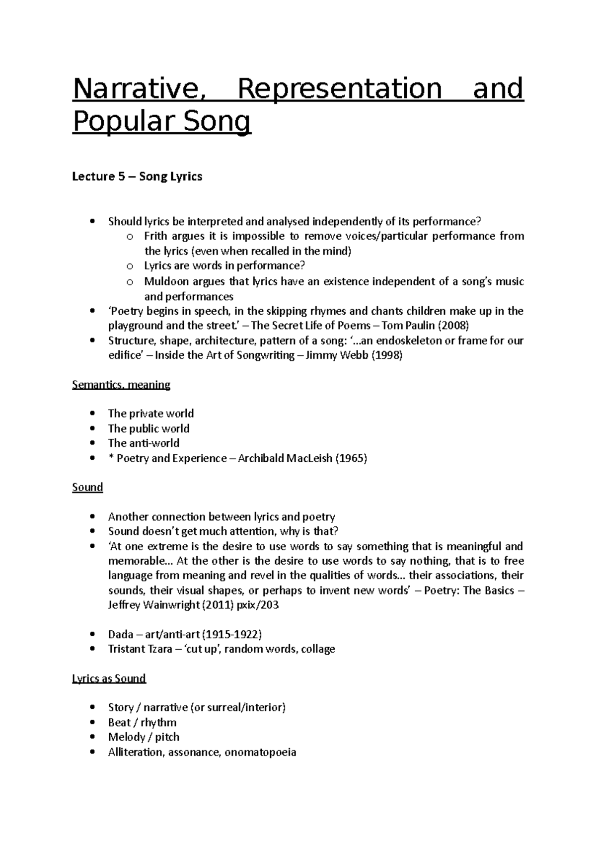 Lecture 5 - Song Lyrics - Narrative, Representation and Popular Song ...