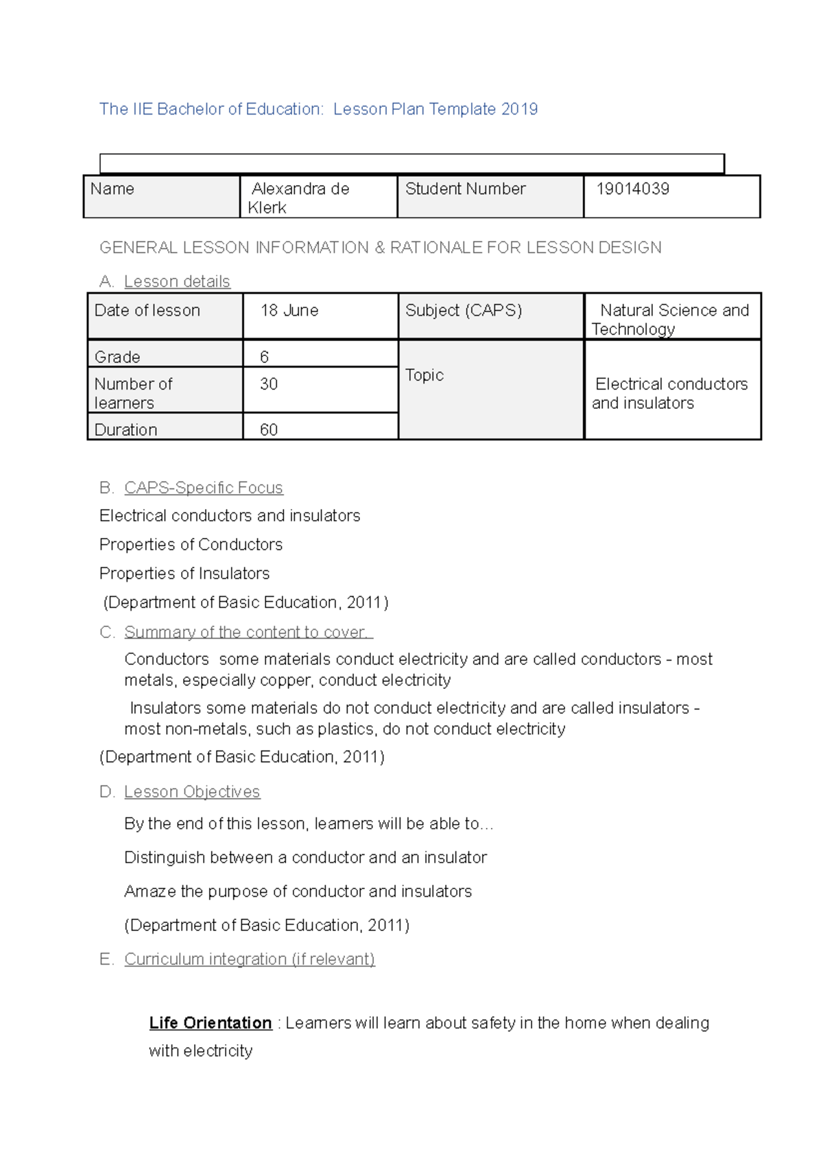 Nst lesson teaching prac - The IIE Bachelor of Education: Lesson Plan ...