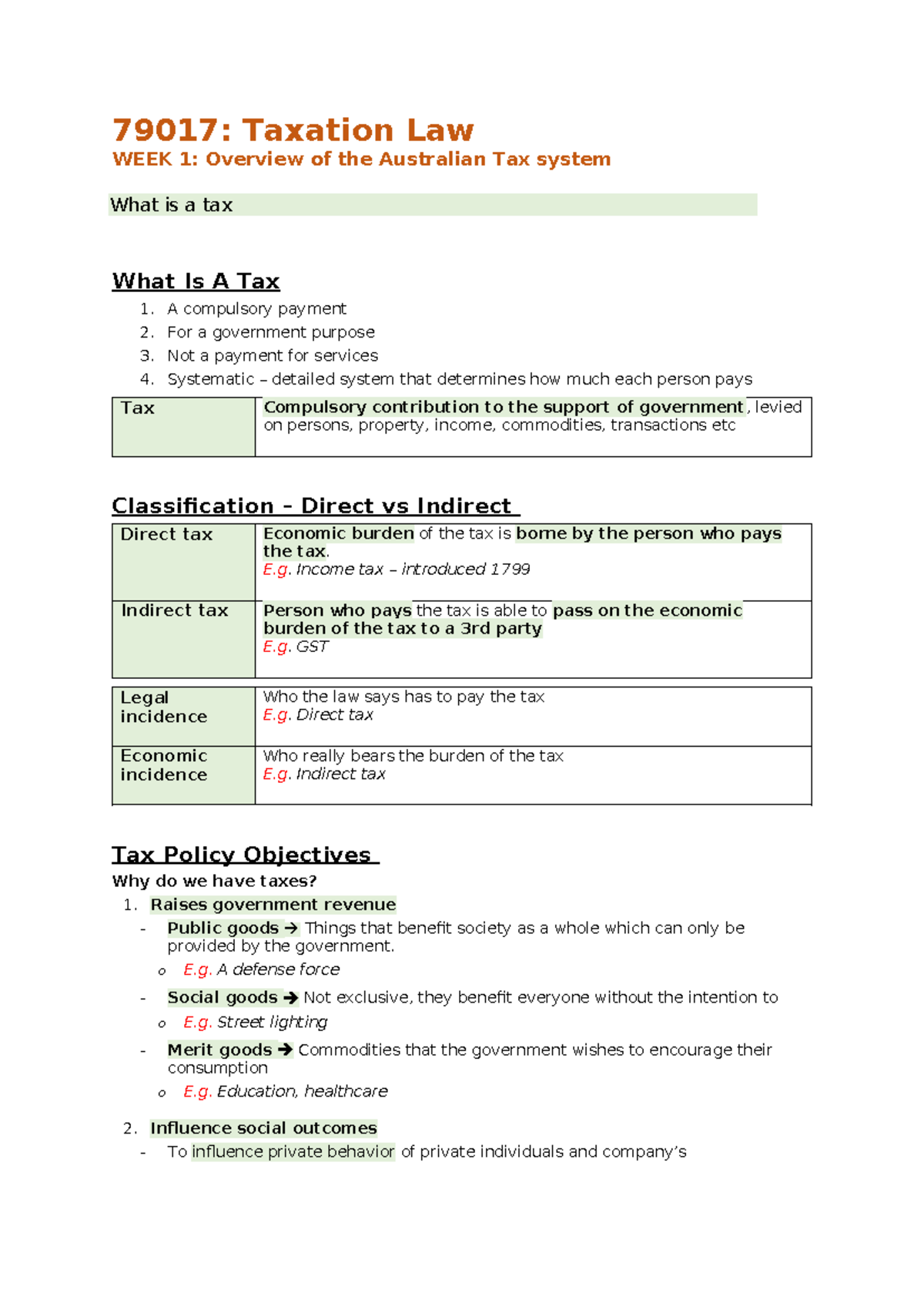 79017 Taxation Law - Notes - 79017: Taxation Law WEEK 1: Overview of ...