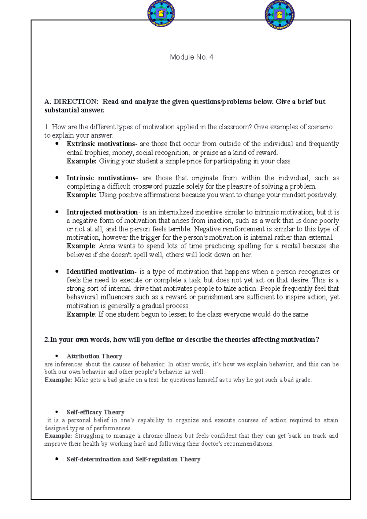 Module 4 - activity - Module No. 4 LEARNING ACTIVITIES A. DIRECTION ...
