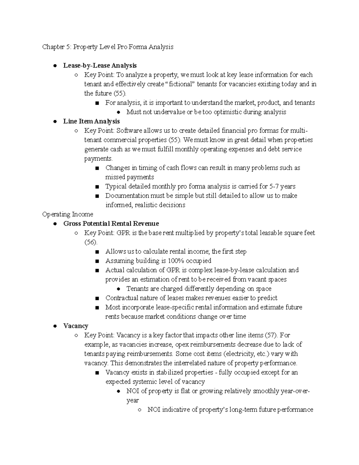 Chapter 5 notes - Chapter 5: Property Level Pro Forma Analysis Lease-by ...