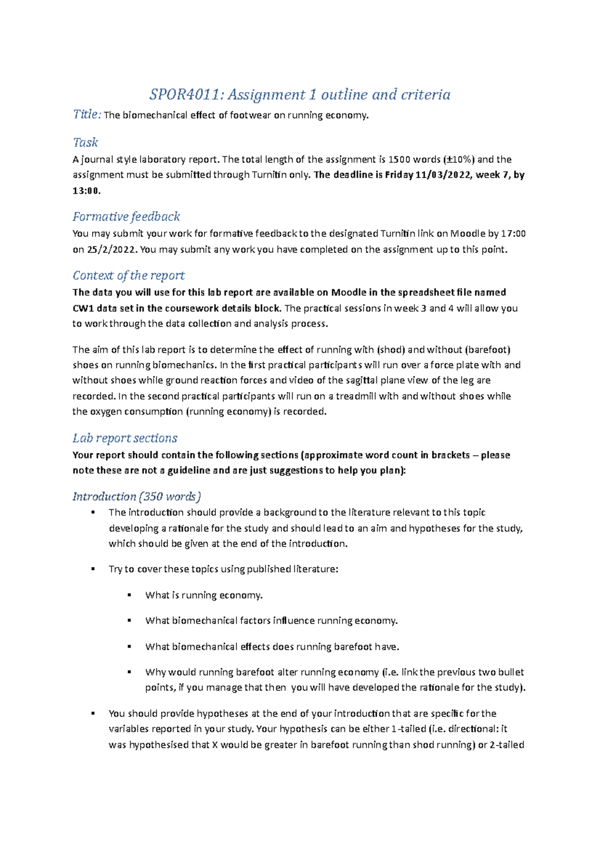 Assignment 1 criteria and details-5 - SPOR4011: Assignment 1 outline and criteria Title: The ...