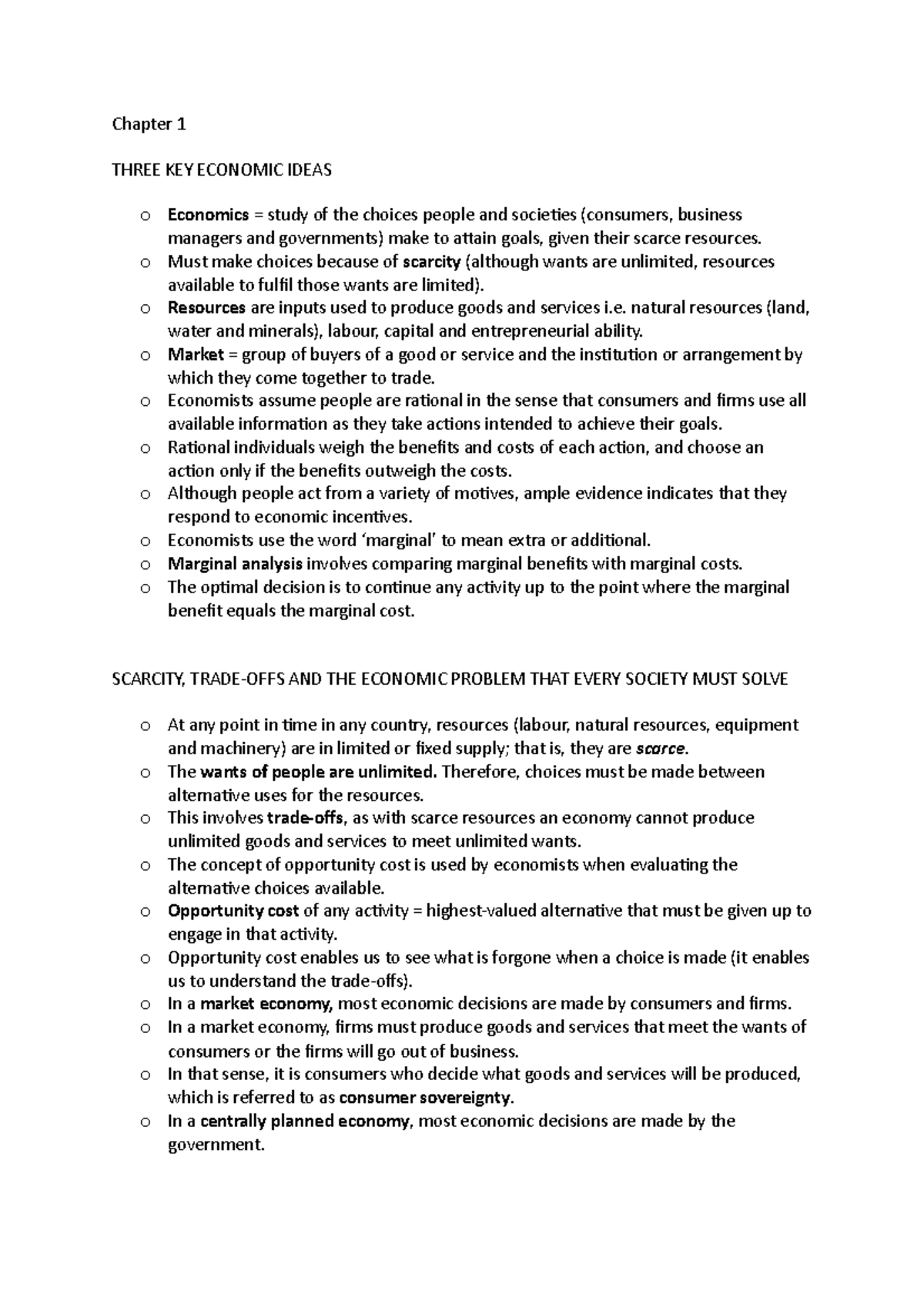 ECON notes - Chapter 1 THREE KEY ECONOMIC IDEAS o Economics = study of ...