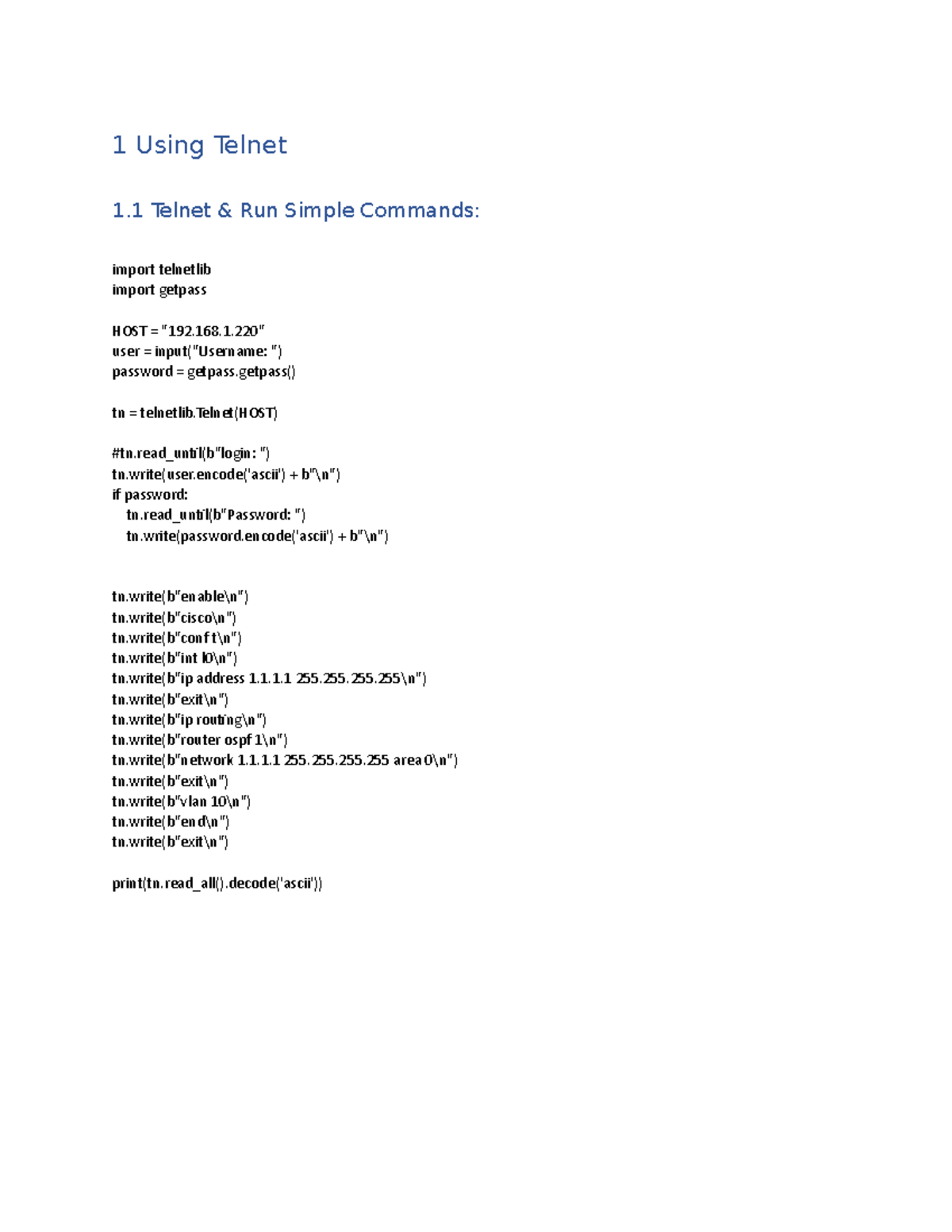 Python Network Automation 1 Using Telnet 1 Telnet And Run Simple Commands Import Telnetlib