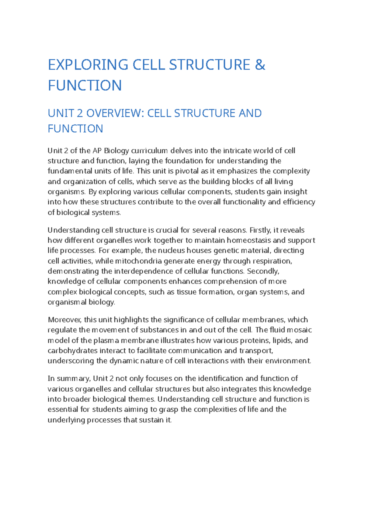 Exploring Cell Structure & Function - EXPLORING CELL STRUCTURE & FUNCTION UNIT 2 OVERVIEW: CELL ...