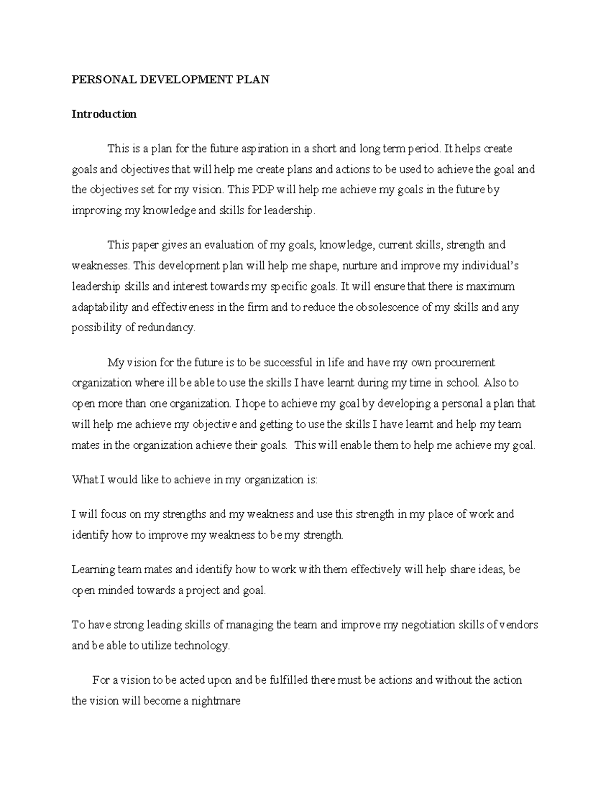 Paper 3 - notes - PERSONAL DEVELOPMENT PLAN Introduction This is a plan ...