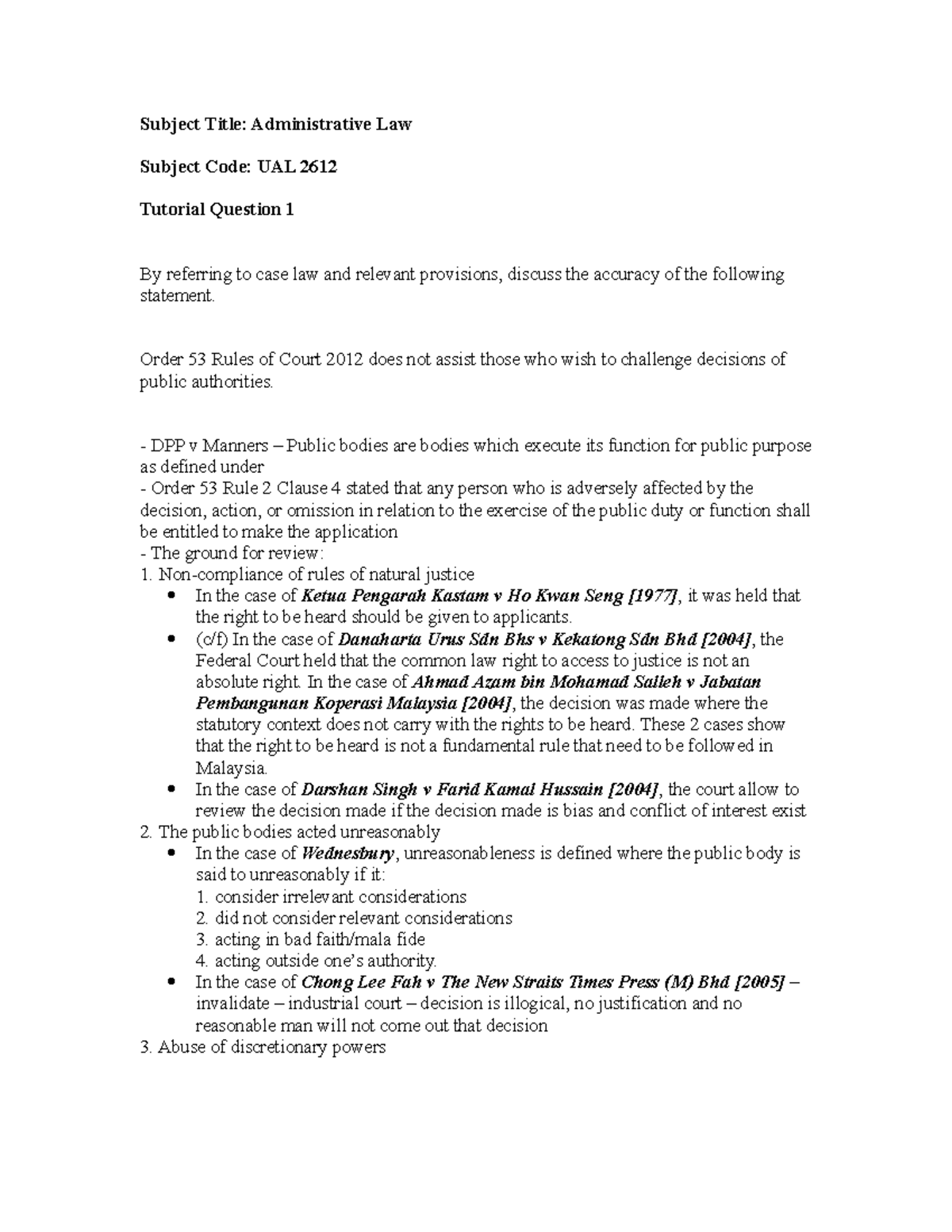 374319 Tutorial Questions Week 5 (EHEN) - Subject Title: Administrative ...