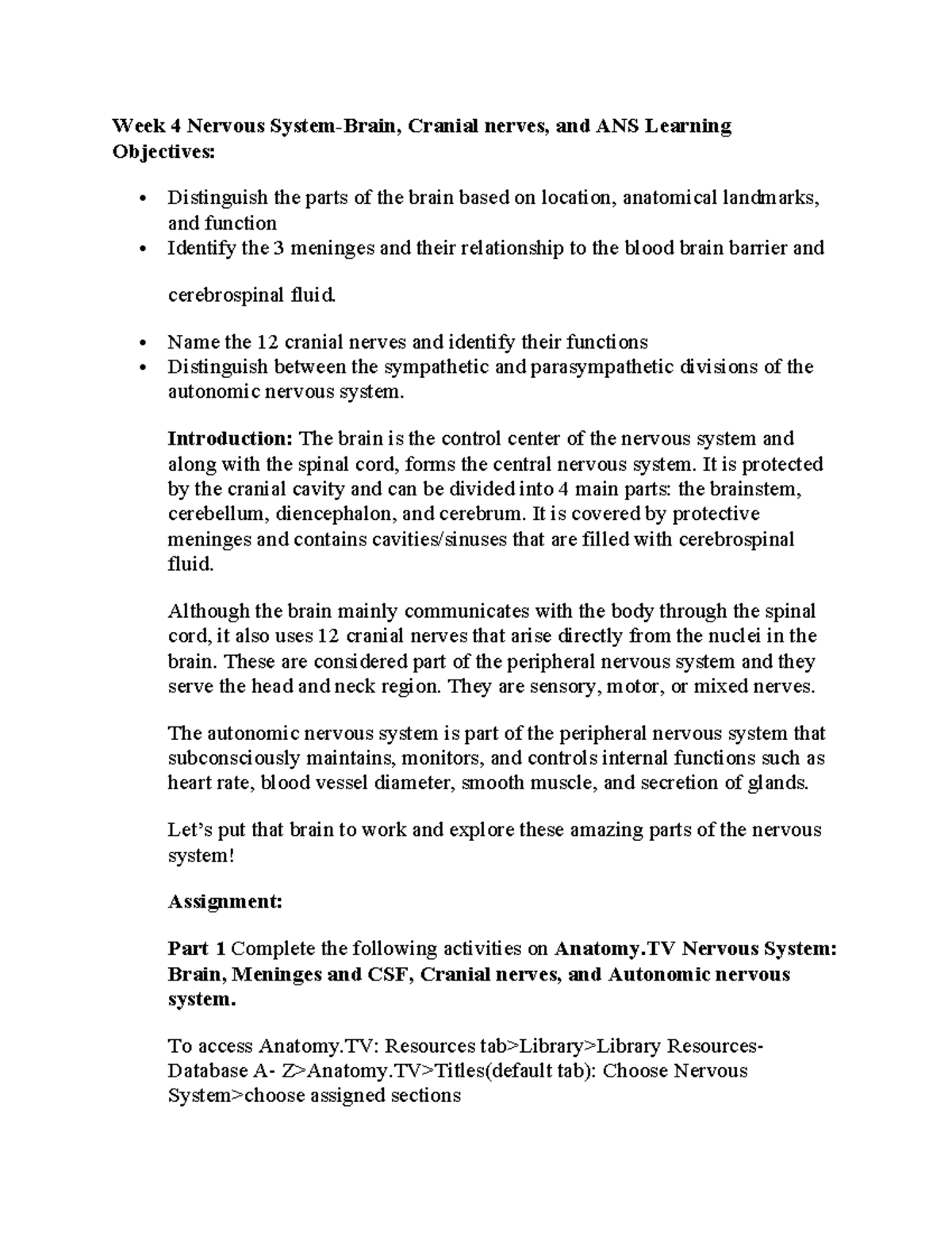 Week 4 Nervous System LAB - Week 4 Nervous System-Brain, Cranial nerves ...
