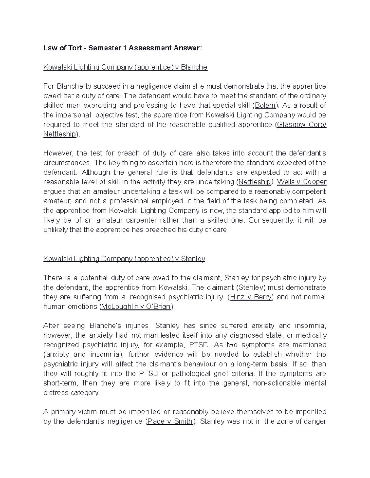 Semester 1 Assessment Answer - Law of Tort - Semester 1 Assessment ...