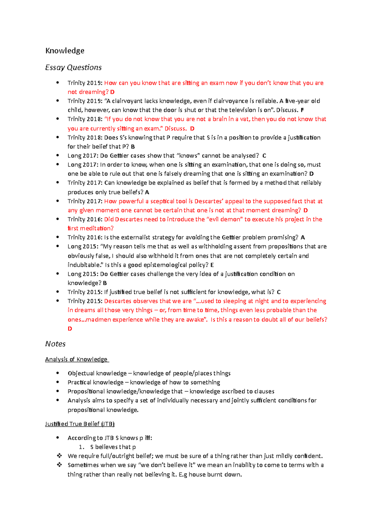 General Philosophy Revision Notes - Knowledge Essay Questions Trinity ...