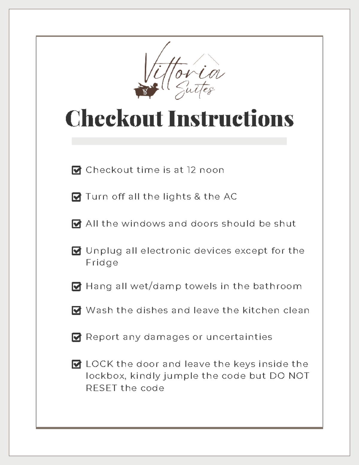 Checkout Instructions Vacation Rental Sign - Nursing - Checkout ...