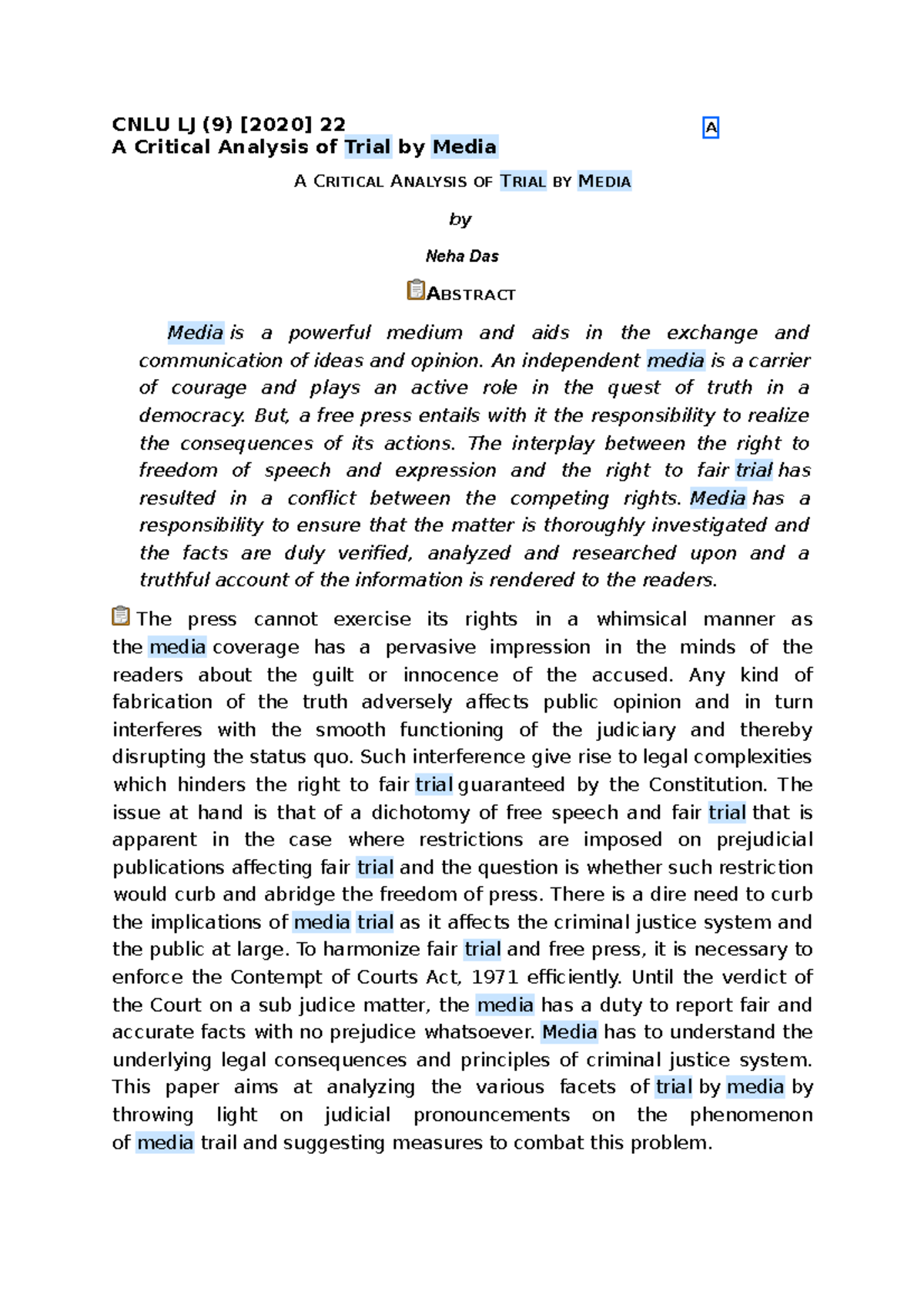 Trial BY Media - Lecture notes 1 - CNLU LJ (9) [2020] 22 A Critical ...