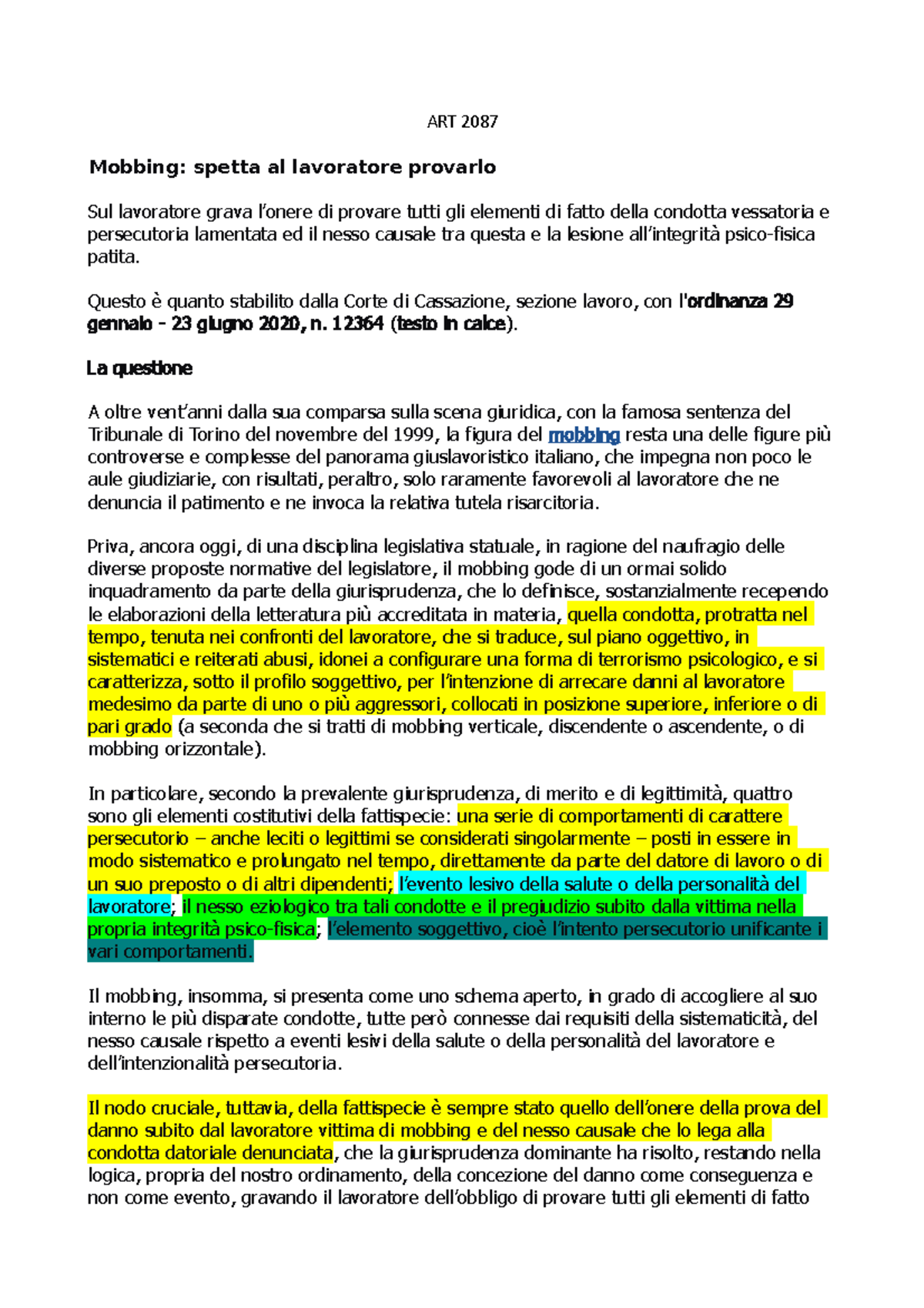 ART 2087 - ANALISI DETTAGLIATA DELL'ART 2087 CON GIURISPRUDENZA E CASS - ART 2087 Mobbing ...