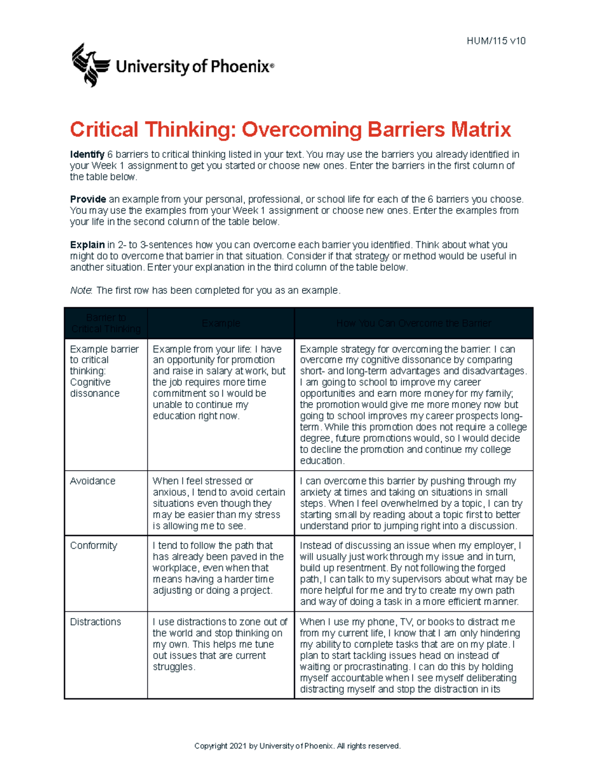 Hum115 v10 wk3 critical thinking overcoming barriers matrix - HUM/115 v ...
