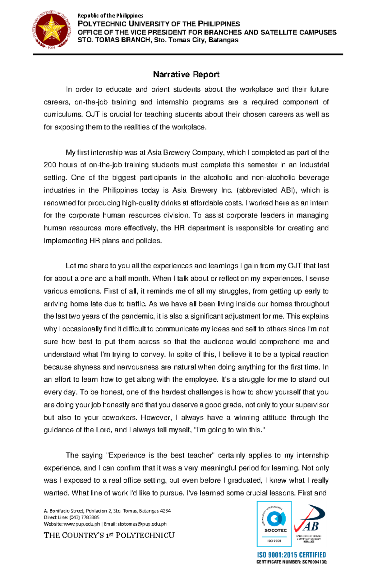 Narrative Report - sample - A. Bonifacio Street, Poblacion 2, Sto ...