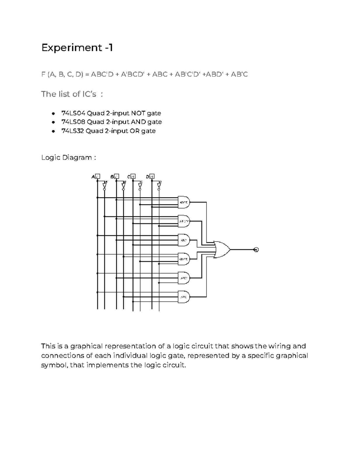 DLD-lab 1 - ........................... - Experiment - F (A, B, C, D) = ABC'D + A'BCD‘ + ABC ...