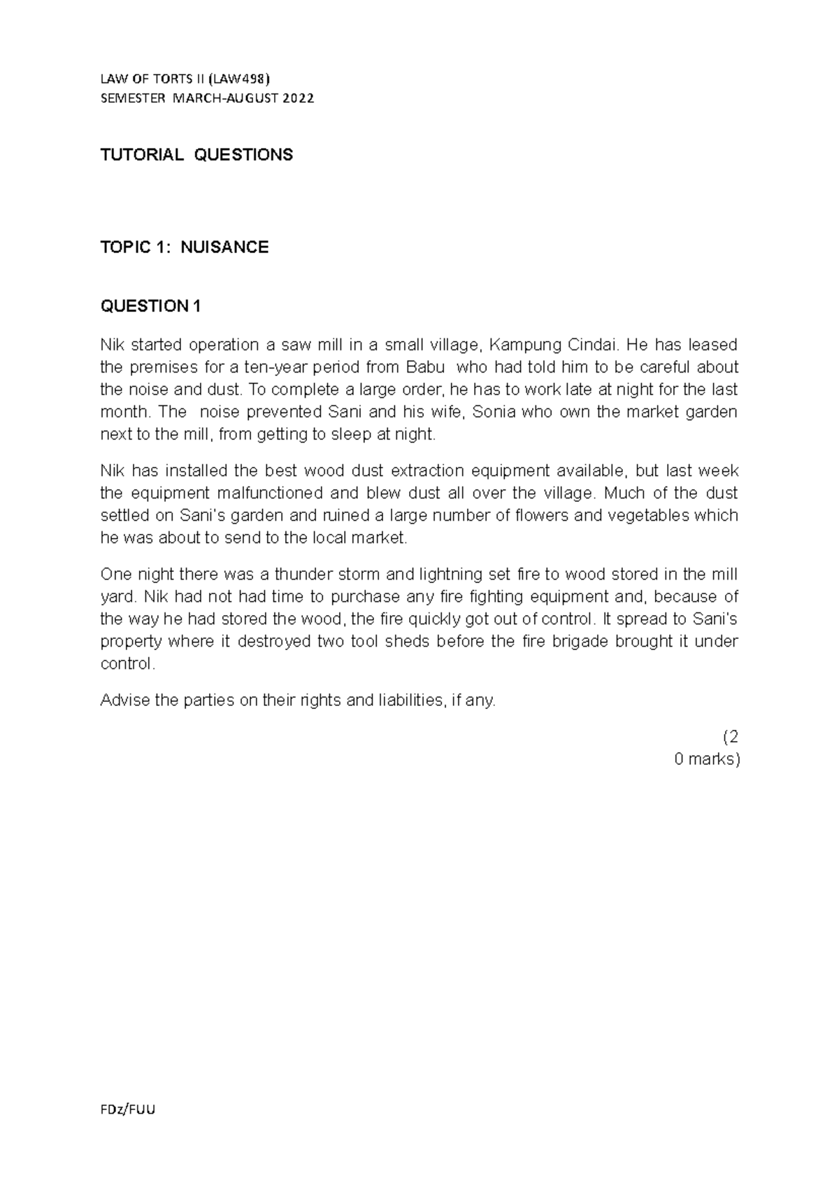 Tutorial question for torts II 2021/2022 - SEMESTER MARCH-AUGUST 2022 ...