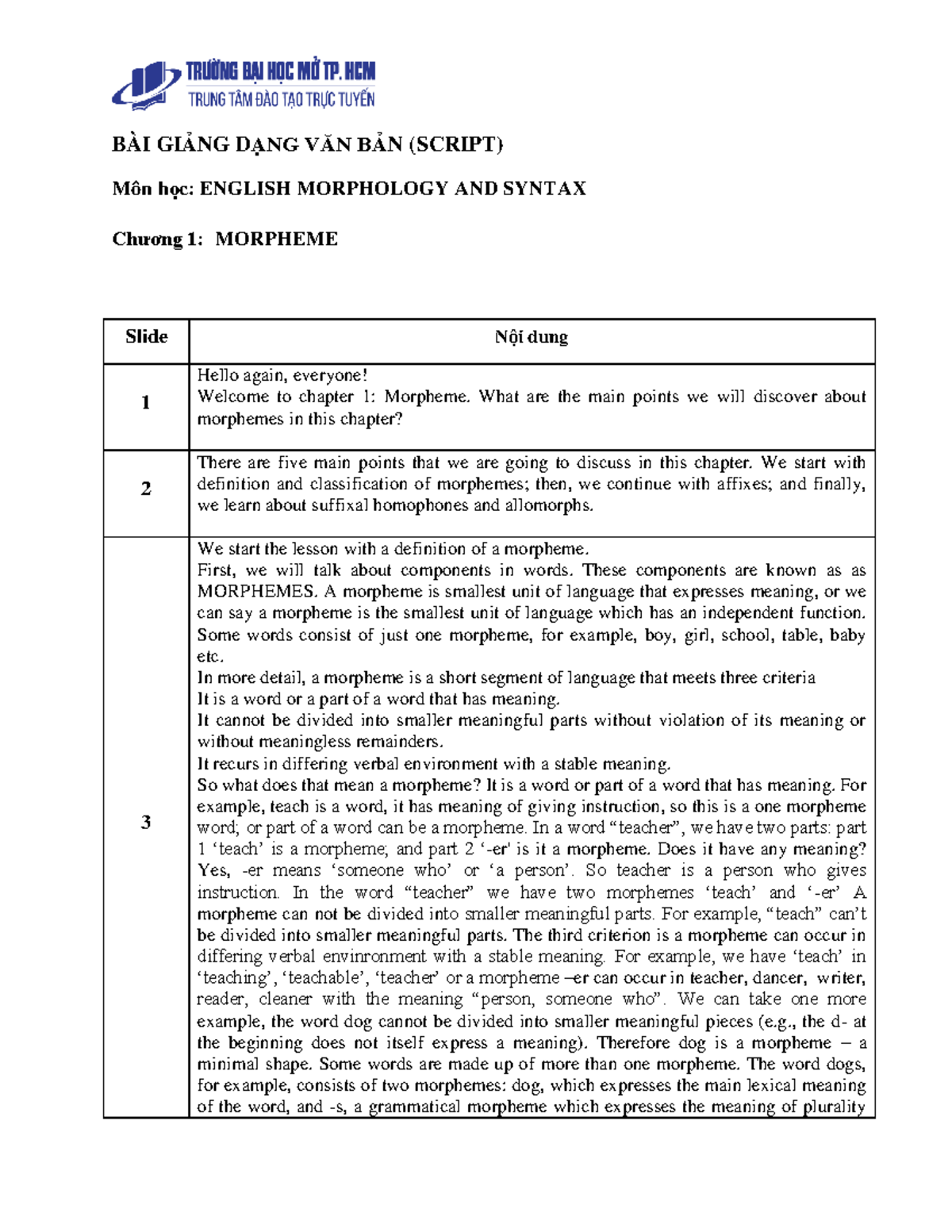 Cphth W1 C1 Script - BÀI GIẢNG DẠNG VĂN BẢN (SCRIPT) Môn học: ENGLISH ...