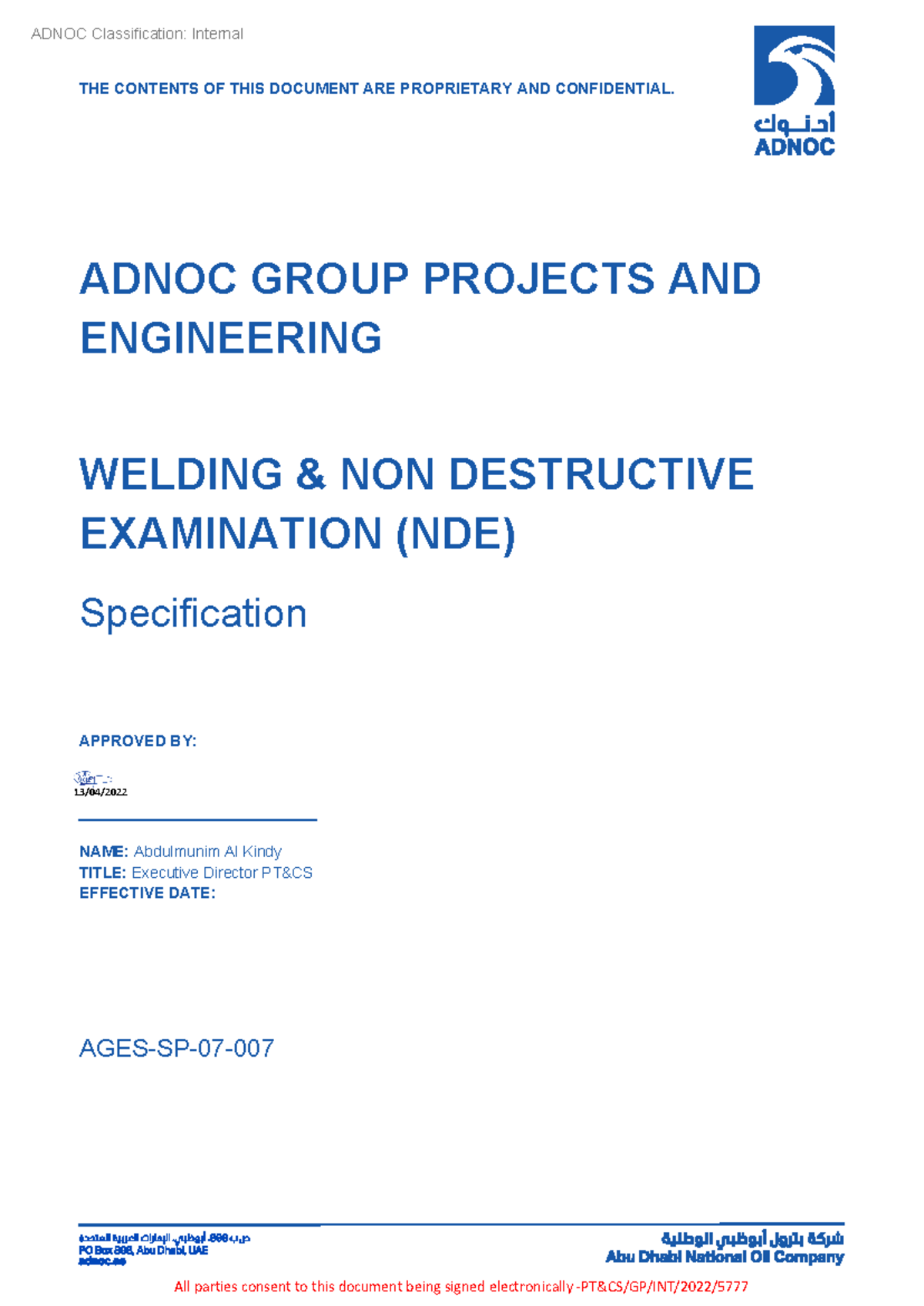 AGES-SP-07-007 - Welding and Non Destructive Examination (NDE) - Rev ...