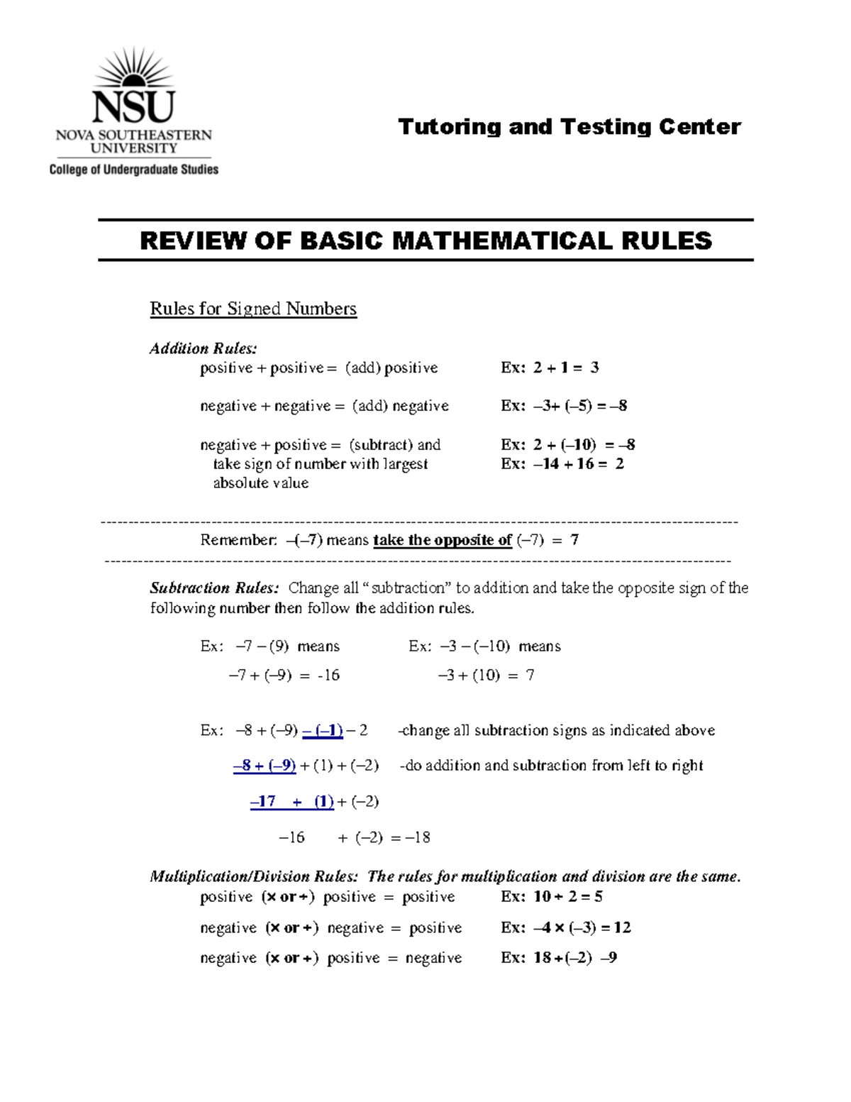 Review of mathematical rules - REVIEW OF BASIC MATHEMATICAL RULES Rules ...
