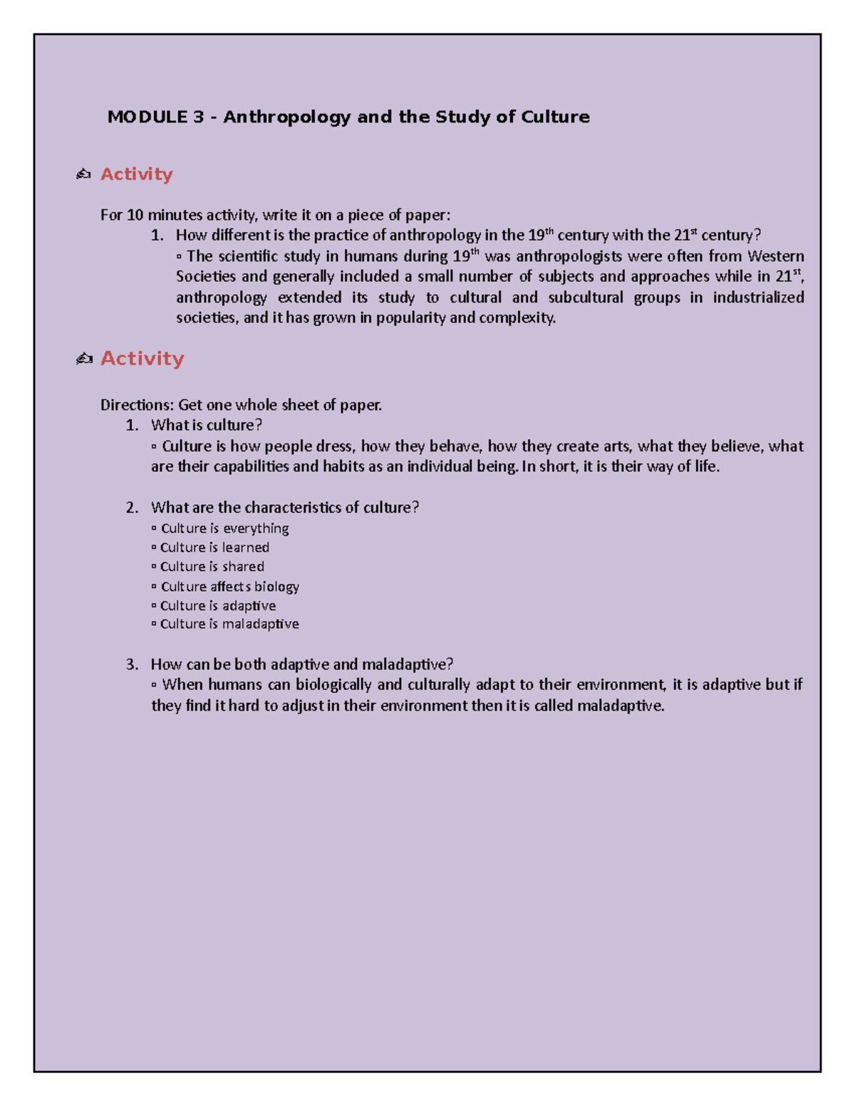 UCSP - UCSP activity - MODULE 3 - Anthropology and the Study of Culture ...