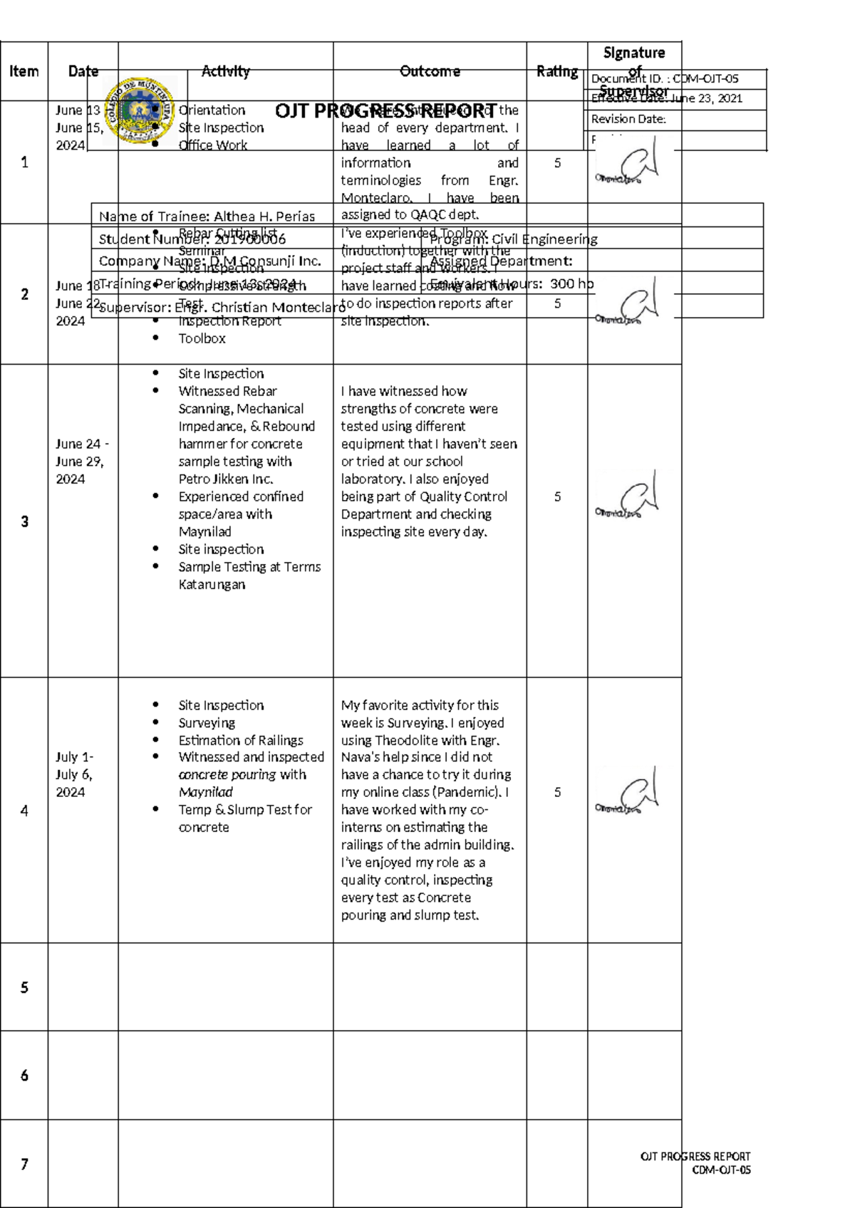 ojt oj ojt week 5 - OJT PROGRESS REPORT Document ID. : CDM-OJT- Effective Date: June 23, 2021 ...