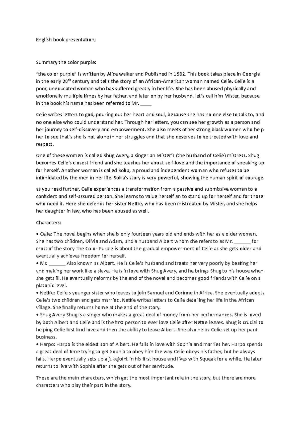 Book presentation the color purple - English book presentation; Summary ...