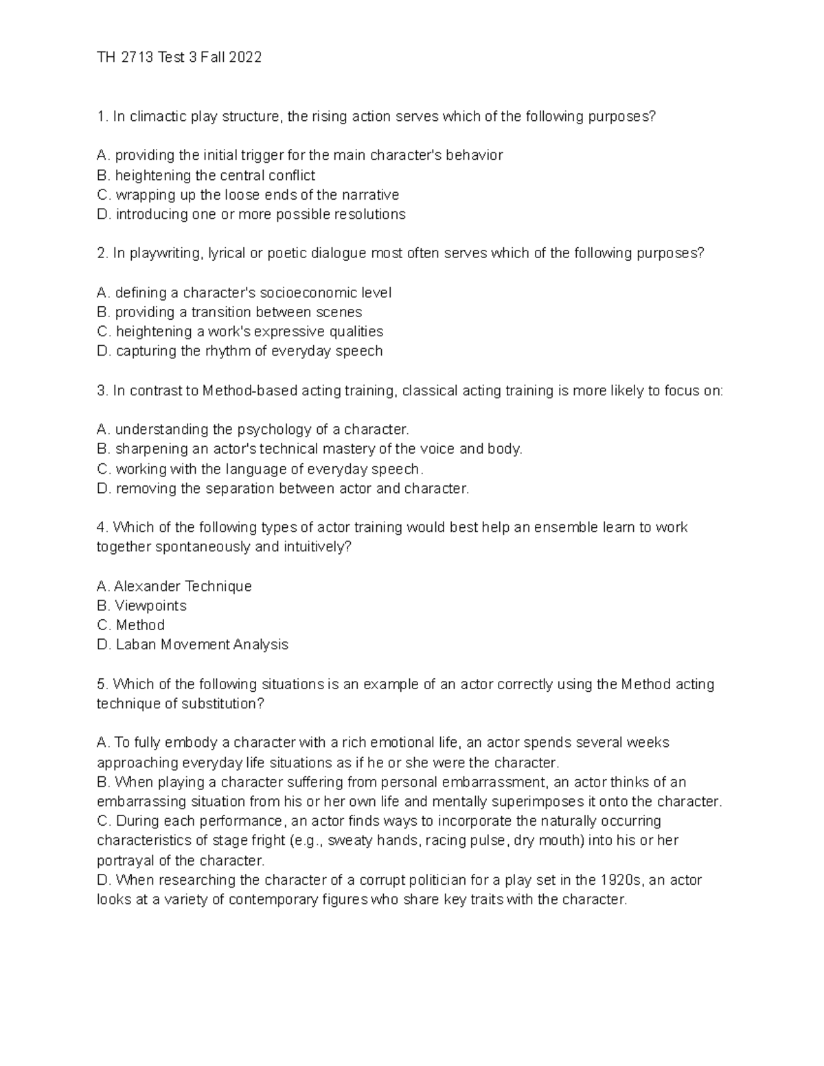 TH2713Test3Fall2022 - TH 2713 Test 3 Fall 2022 In climactic play ...