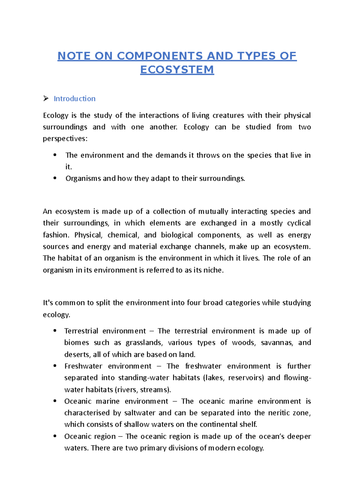 Note on components and types of ecosystem - NOTE ON COMPONENTS AND ...