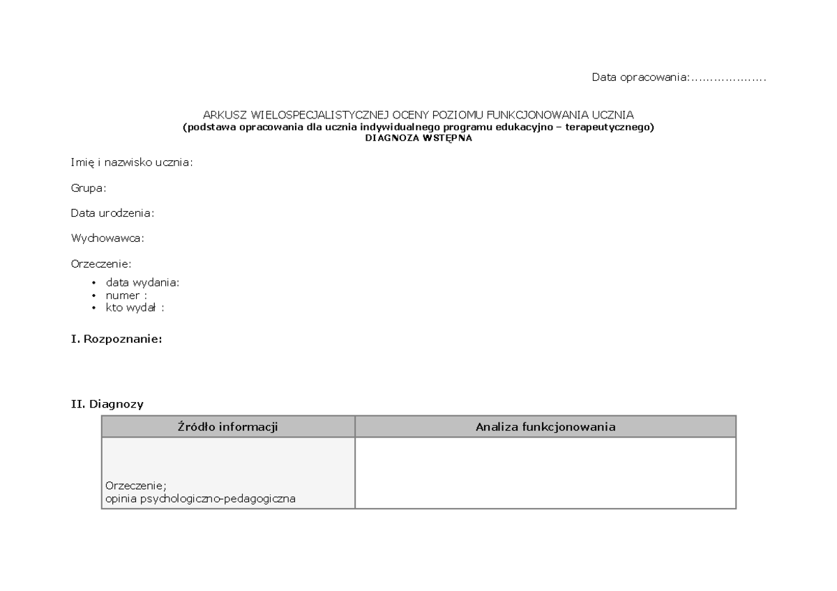 Wopfu - opis - Data opracowania:.................... ARKUSZ ...
