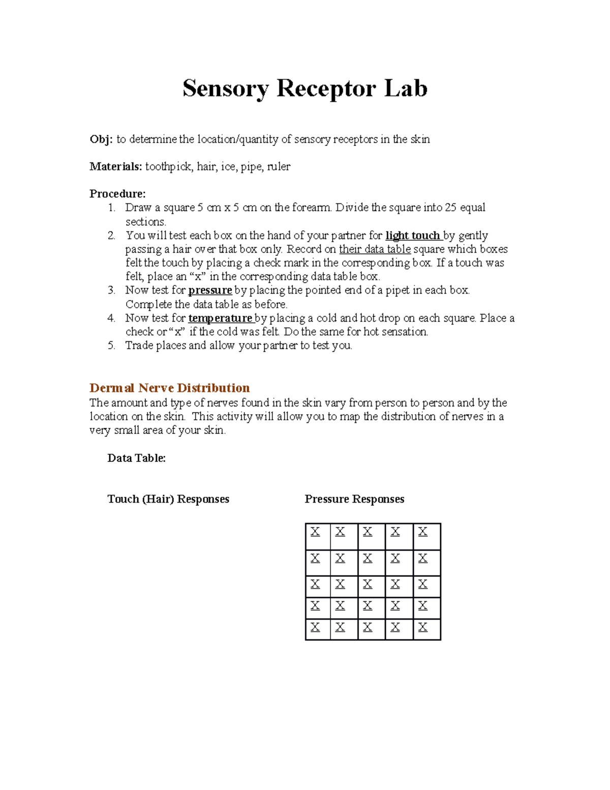 Ch 4 Sensory Receptor Lab-5 - Sensory Receptor Lab Obj: to determine ...