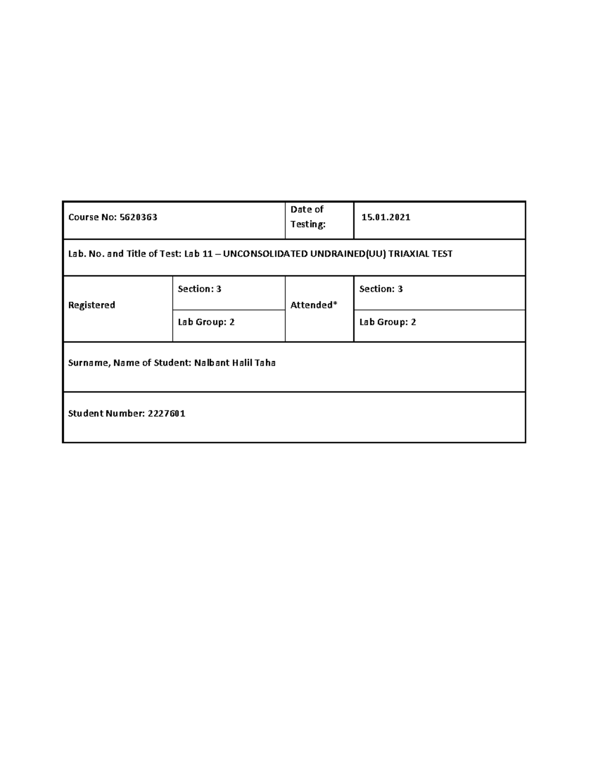 LAB 11- Unconsolidated Undrained(UU) Triaxial Test - ####### Course No ...